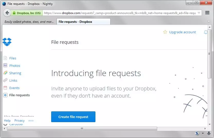 solicitações de arquivo dropbox