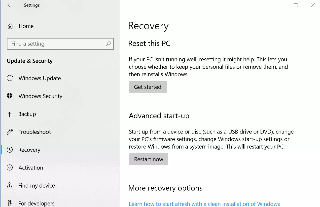 Windows 10 रिकभरी रिसेट पीसी