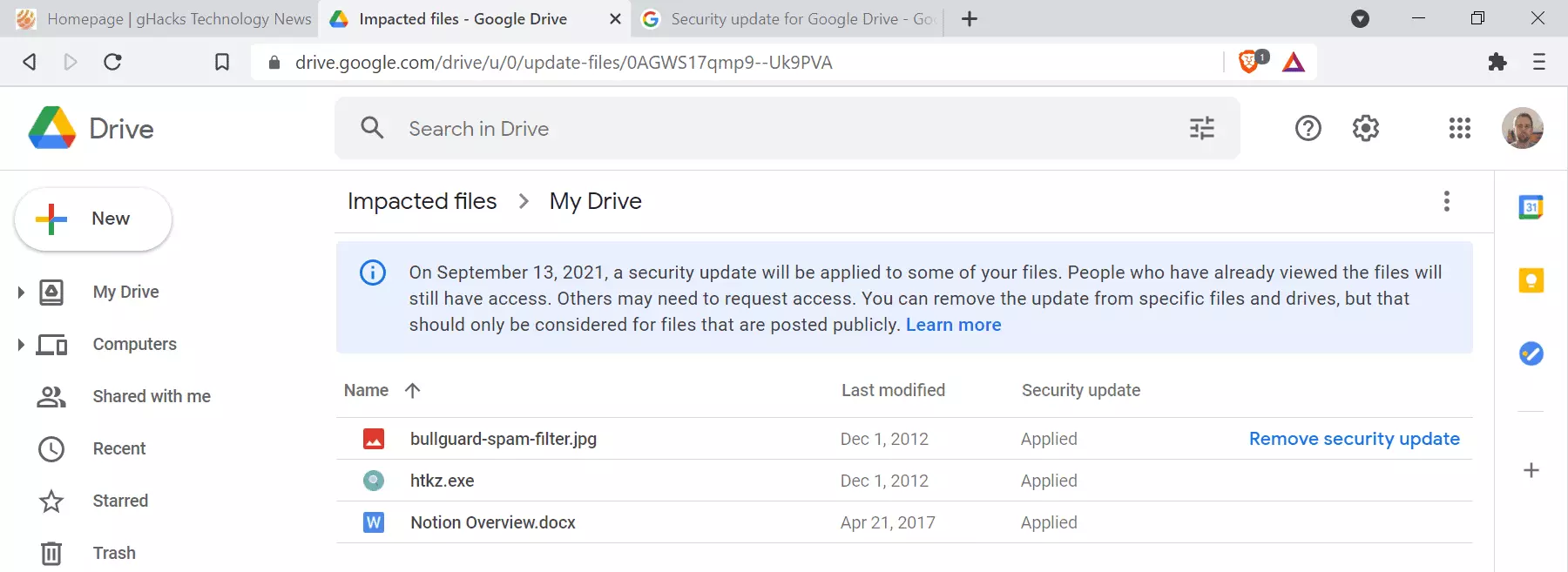 ficheiros afectados de google drive
