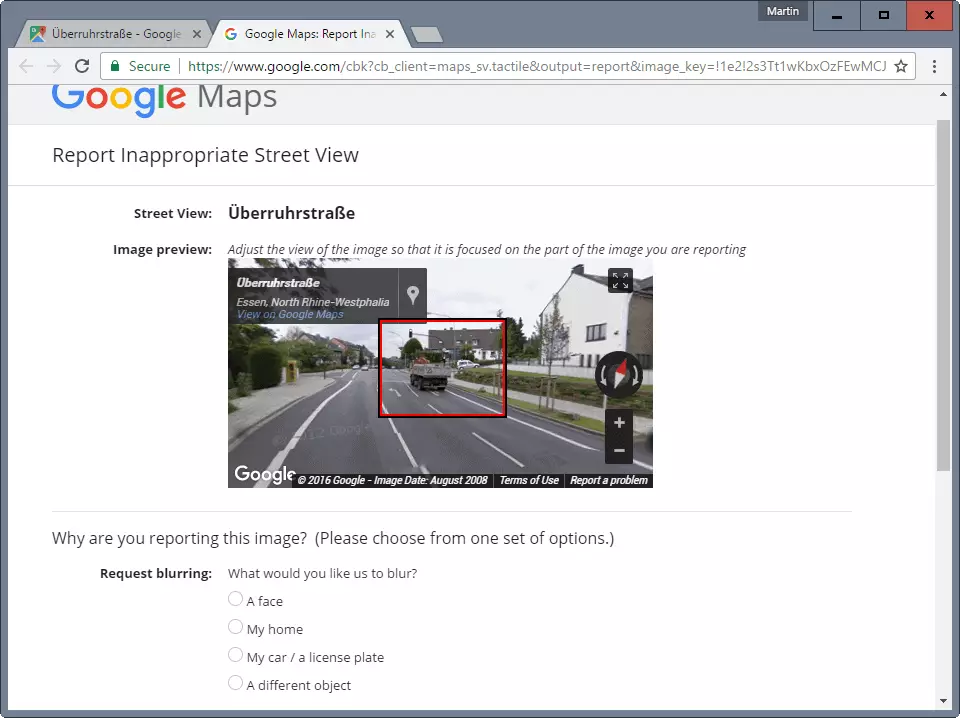 nahlásit problém se zobrazením ulic google