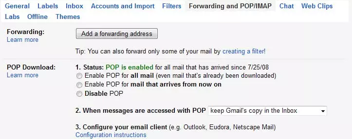 configuração do gmail pop