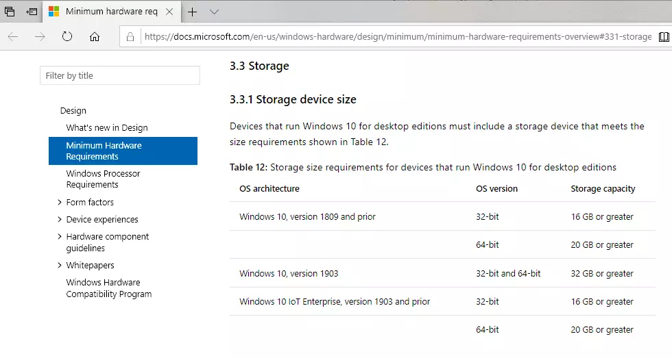 Windows 10 1903 exigence de stockage minimum