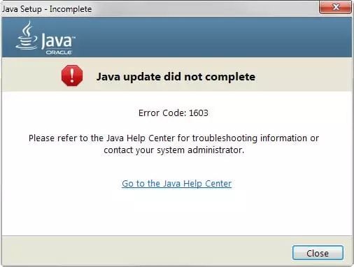 Java aktualizácia nedokončila kód chyby 1603