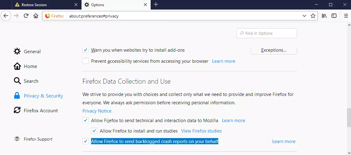 Mbledhja e të dhënave të Firefox