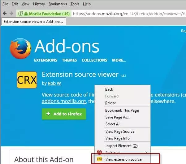 Extension Source Viewer alang sa Firefox
