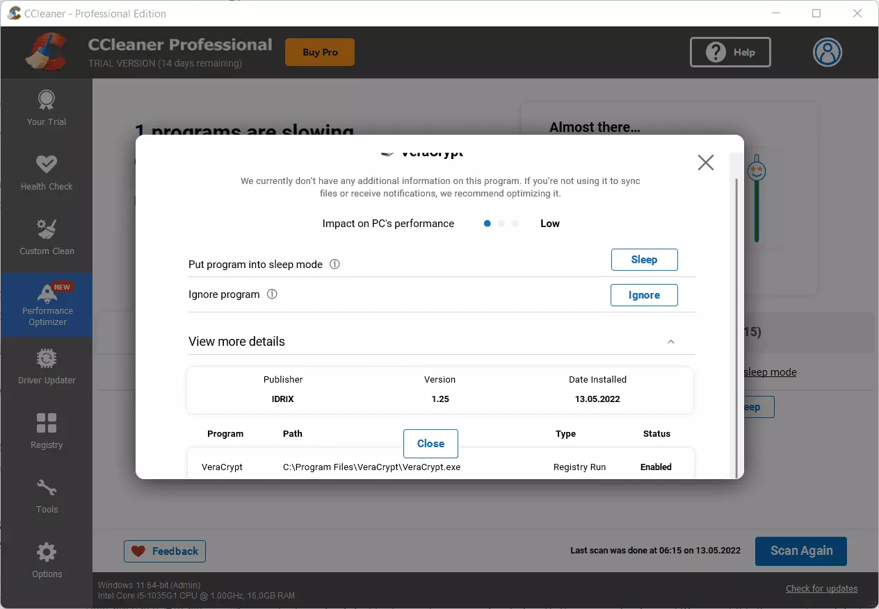 mga detalye ng performance optimizer