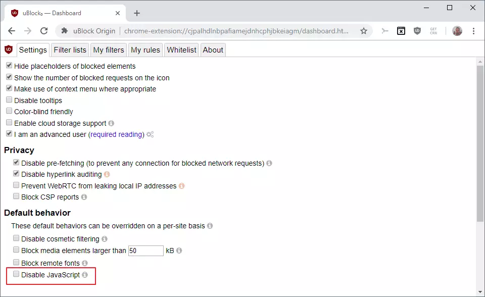 ublock origin disable javascript