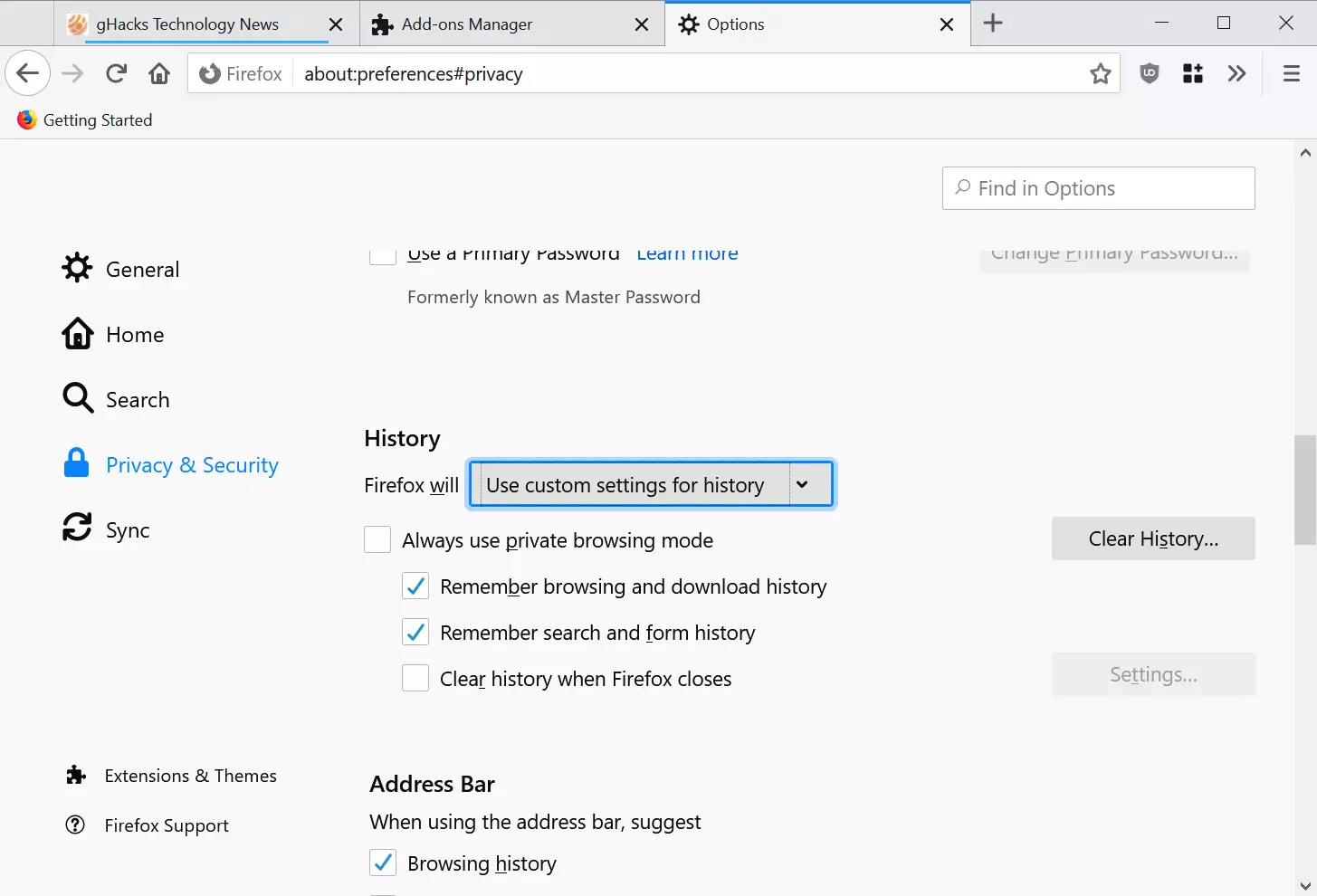 Firefox limpar histórico ao sair