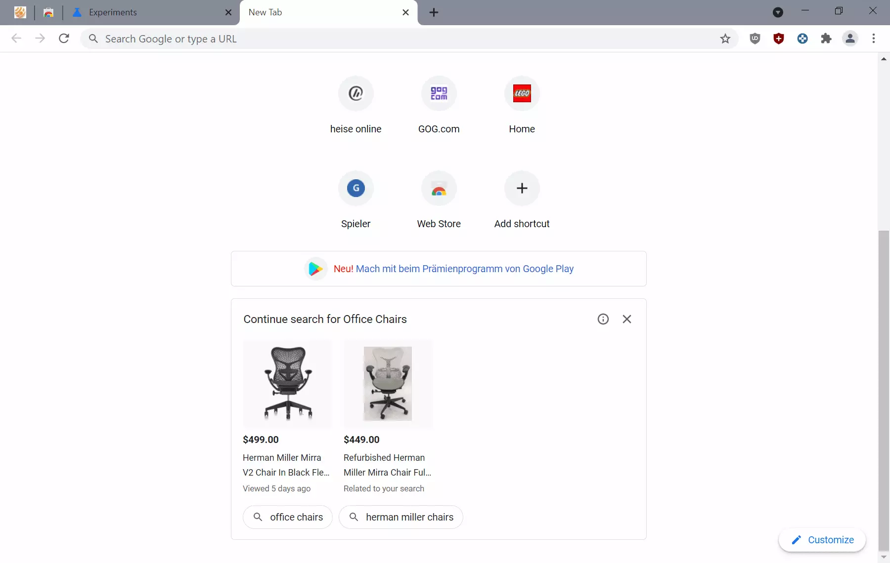 chrome shopping nouvel onglet page