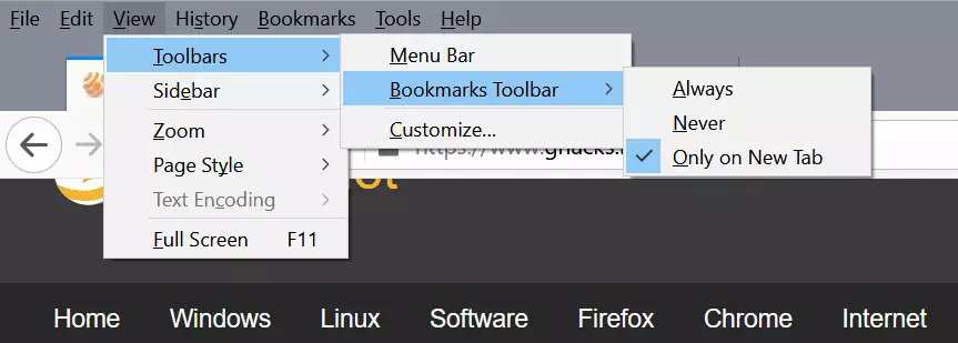 „Firefox-bookmarks“ įrankių juostos naujas skirtukas