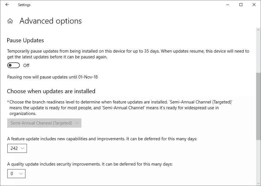 延遲功能更新 Windows 10