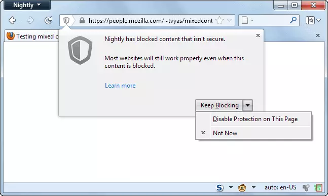 Firefox deshabilita la protección de contenido mixto