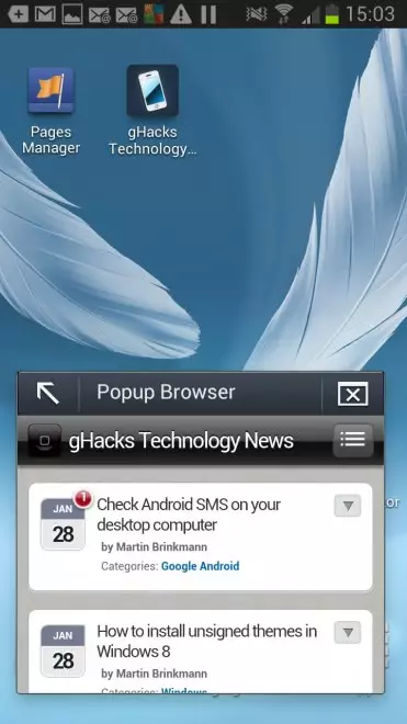 Schermata Android di scorciatoie del sito Web