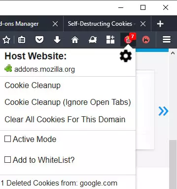 opcións de icona de eliminación automática de cookies