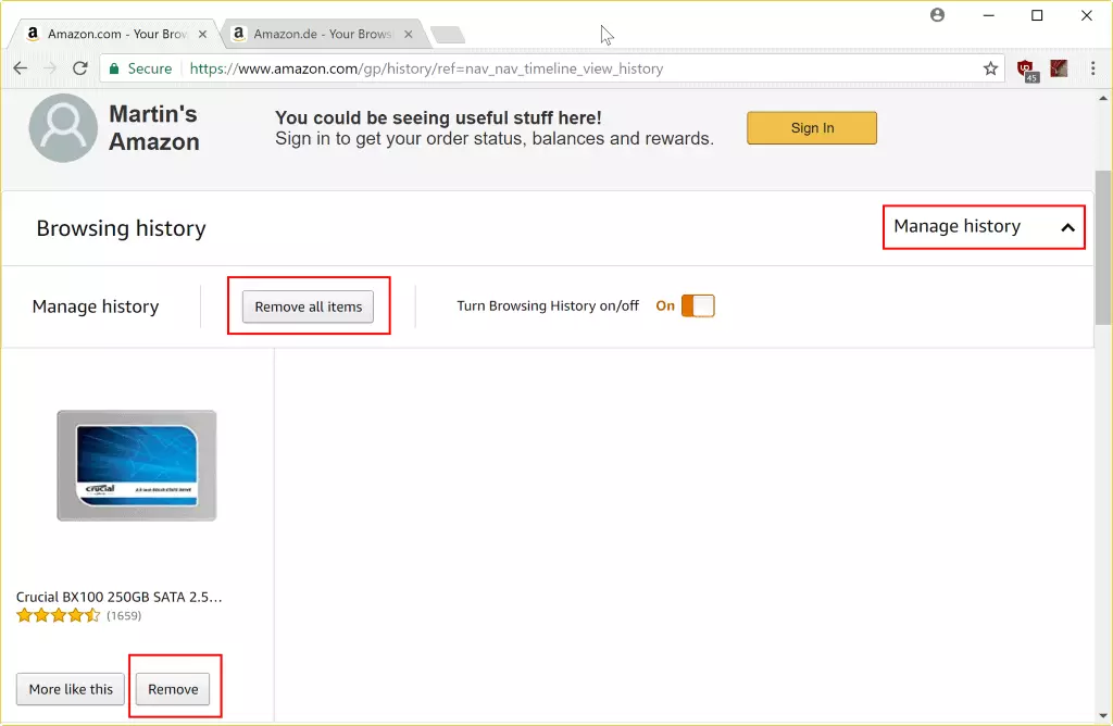 ngatur browsing history amazon