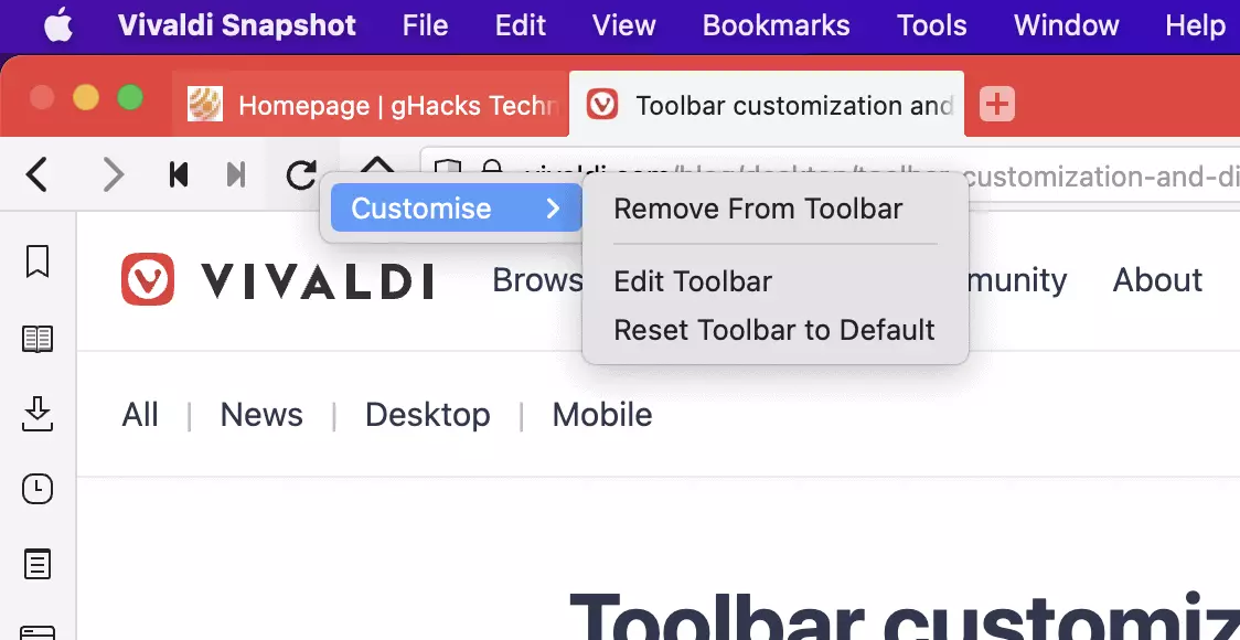 vivaldi sérsníða edit toolbar