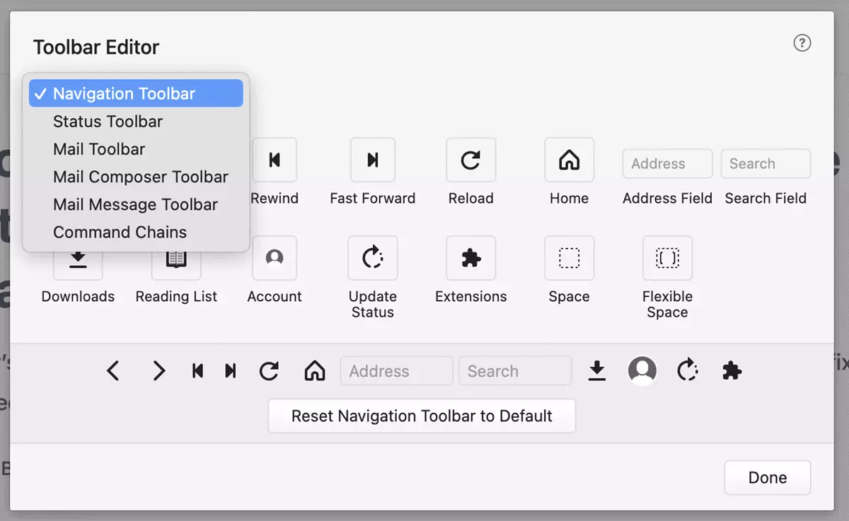 vivaldi toolbar editor menu