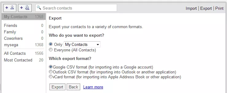 экспорт контактов gmail