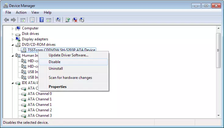 desactivar as fiestras dos dispositivos de hardware