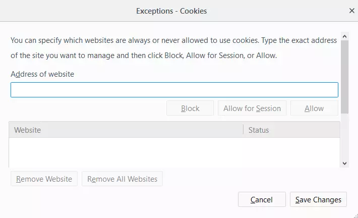 exceções de cookies do firefox