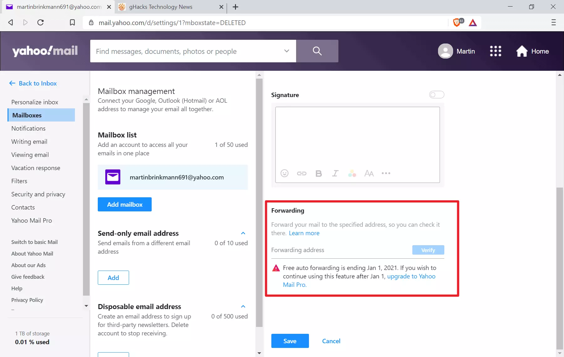 yahoo mail prosljeđivanje e-pošte je prekinuto