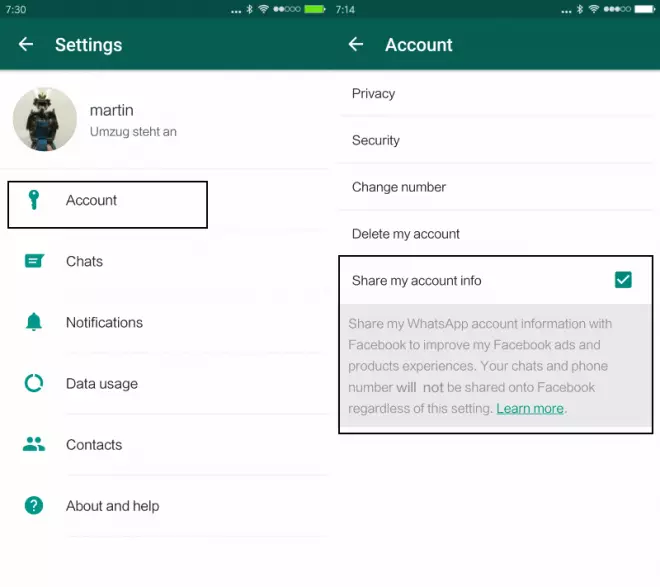 WhatsApp desactivar compartir información da conta
