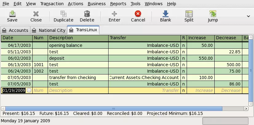 Janela principal do GnuCash