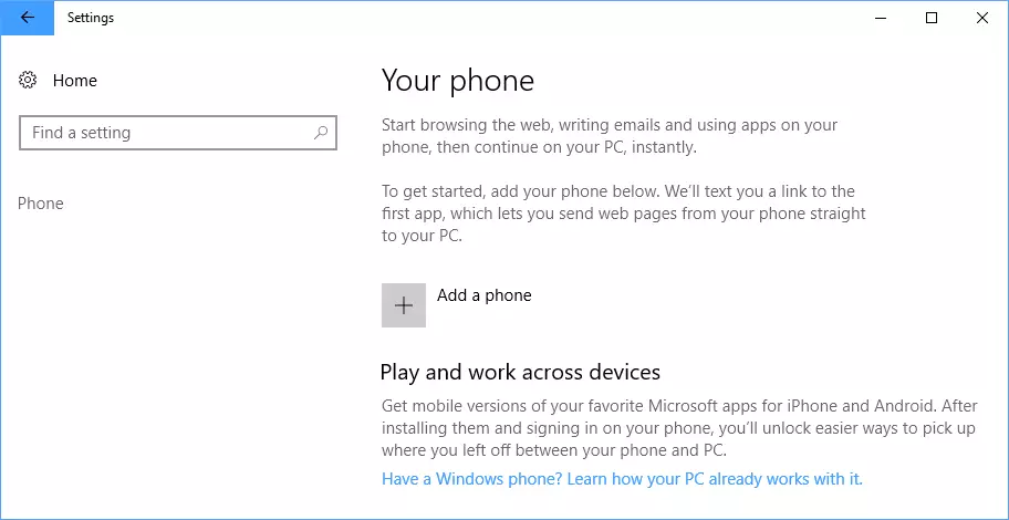 adicionar um telefone windows 10