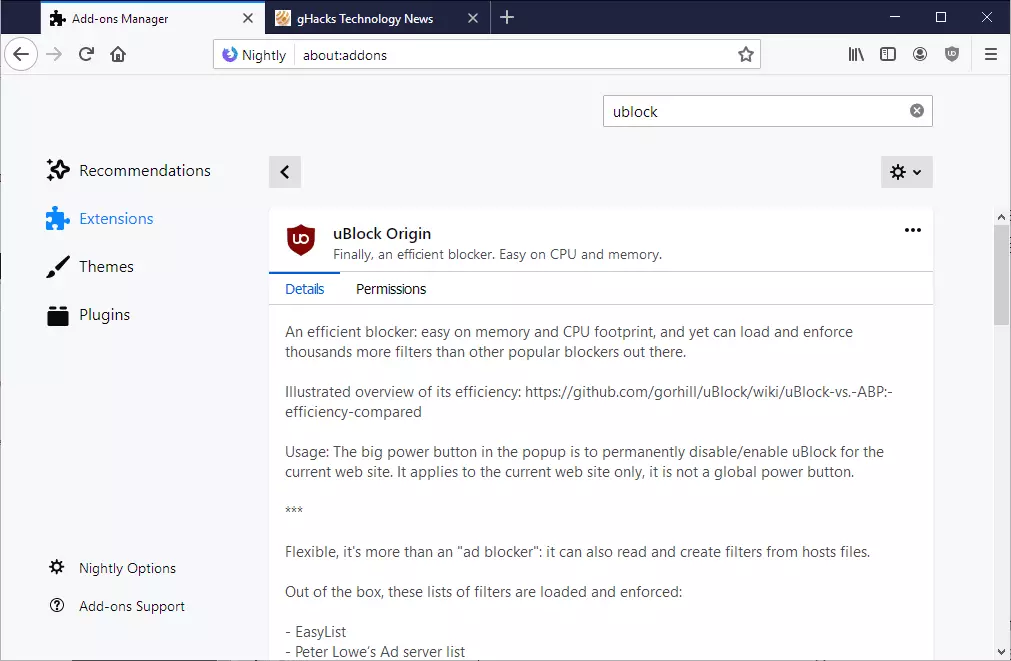 firefox addons มุมมองรายละเอียด