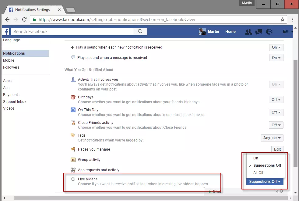 facebook canlı bildirişlərini bloklayın