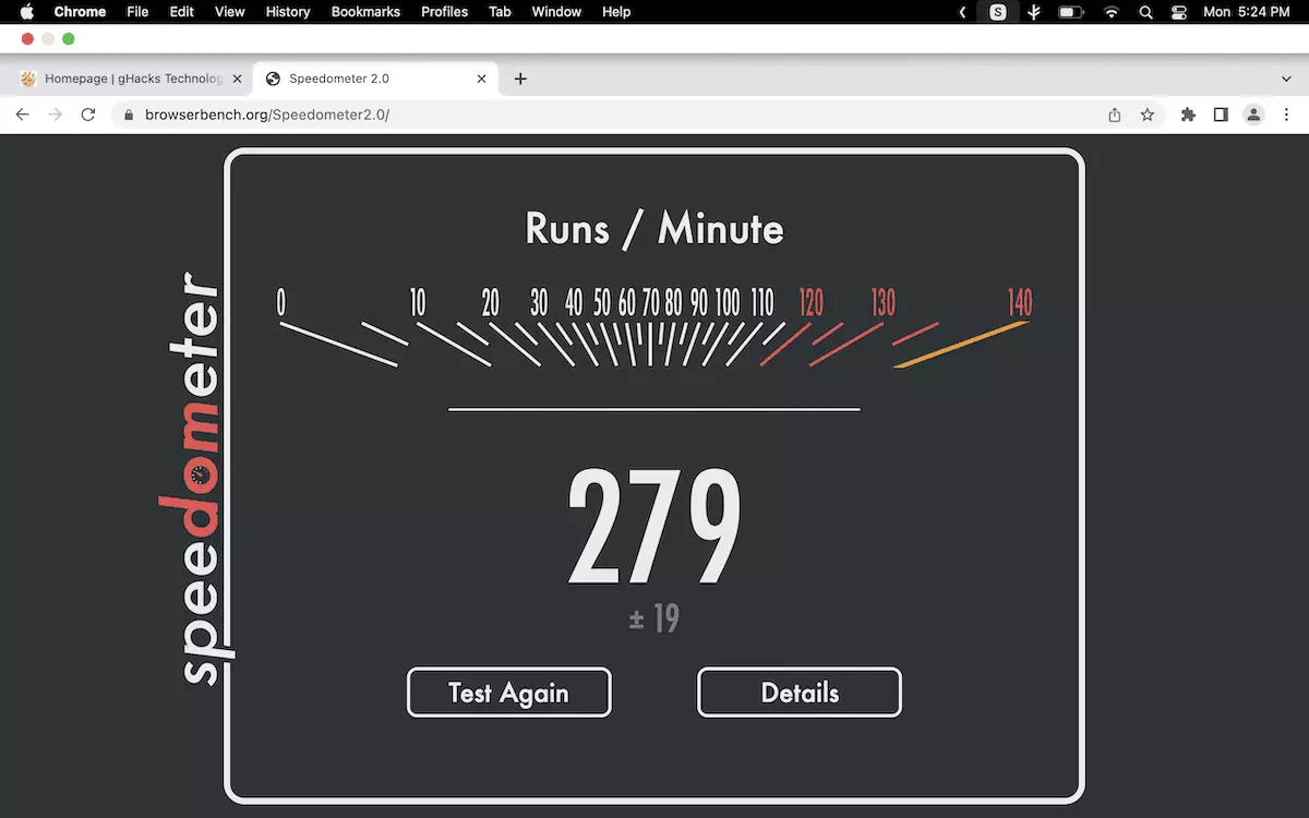 Benchmark ea Google Chrome Speedometer