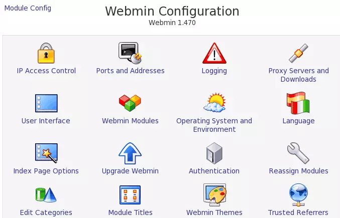 La pàgina de configuració de Webmin