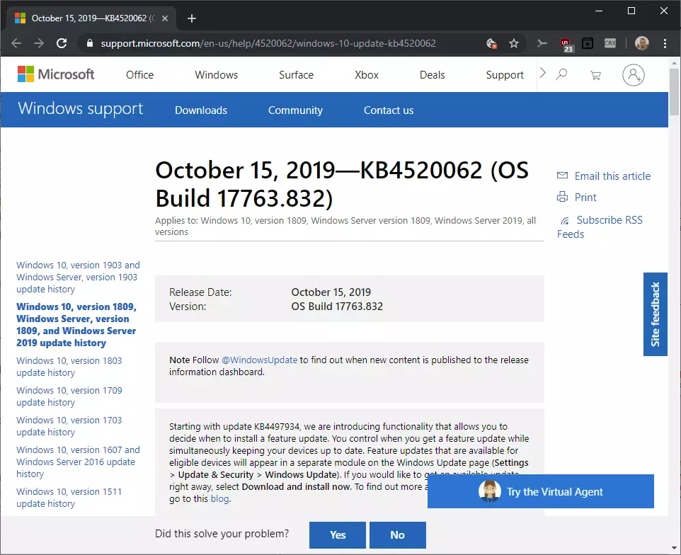 Microsoft เผยแพร่ตัวอย่างการอัปเดตเดือนตุลาคม 2019 สำหรับ Windows