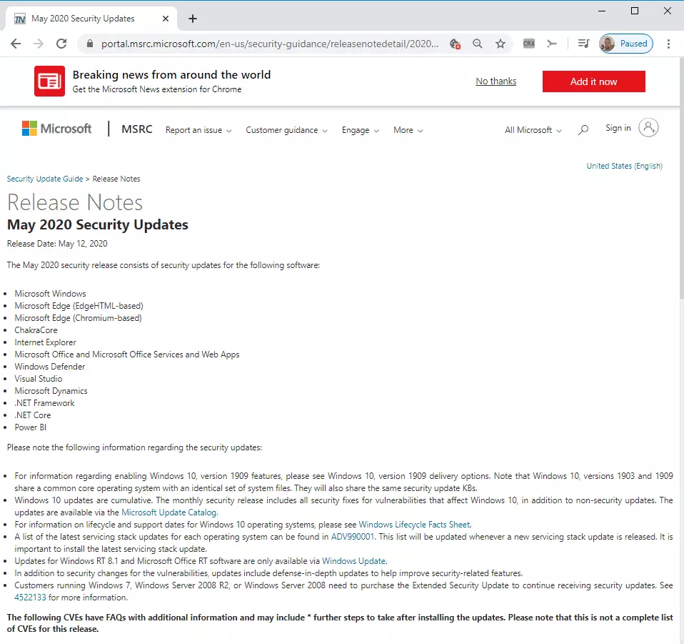 Visão geral das atualizações de segurança do Microsoft Windows de maio de 2020