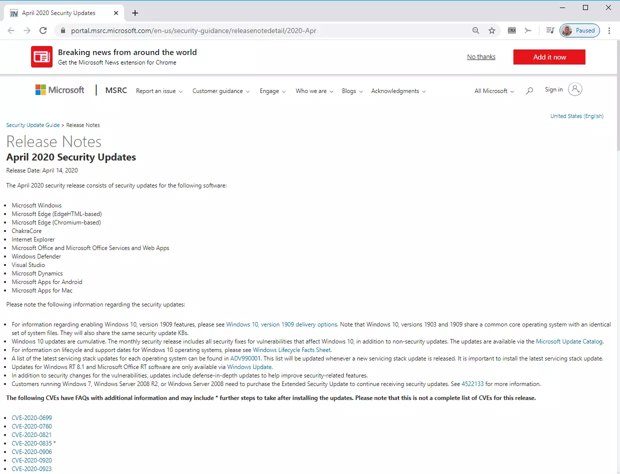 מייקראָסאָפֿט Windows-Security דערהייַנטיקונגען אפריל 2020