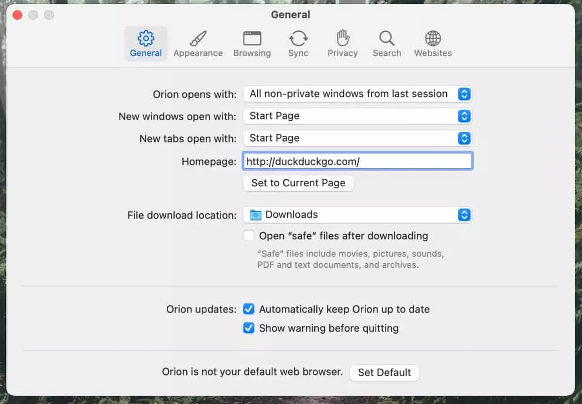 Mga setting ng browser ng Orion