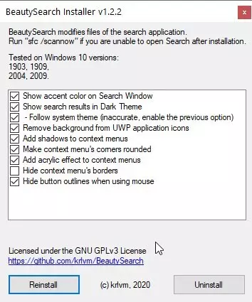 Наладзьце знешні выгляд Windows 10 Search з BeautySearch