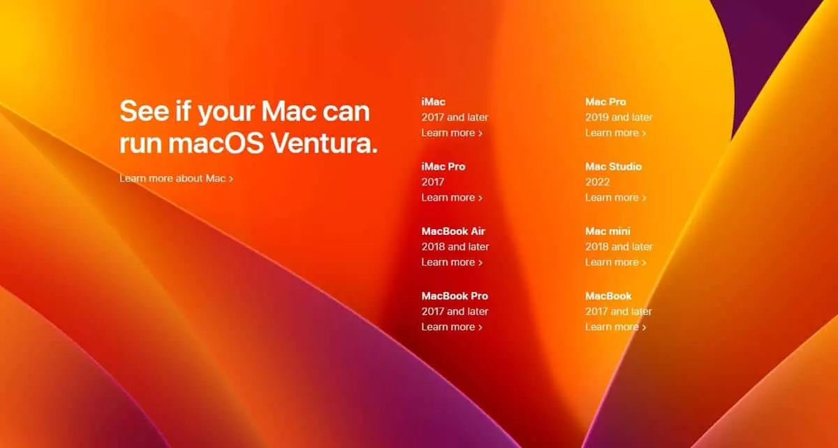 Atokọ awọn ẹrọ ti o ṣe atilẹyin macOS Ventura