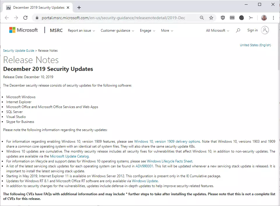 Microsoft windows sabunta tsaro na Disamba 2019