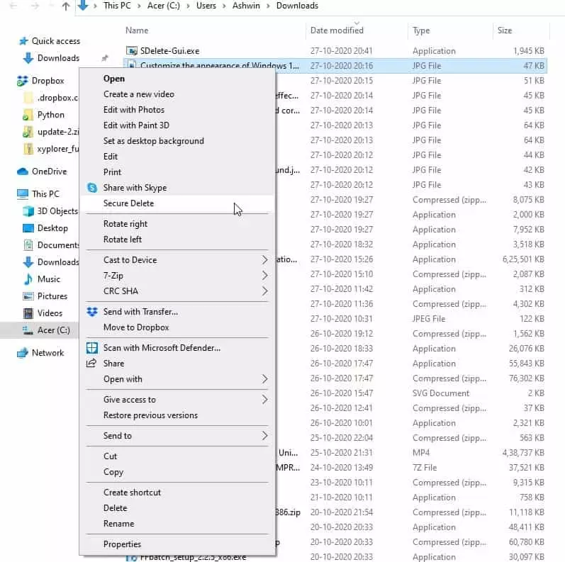 Juurdepääs SDelete'ile Exploreri kontekstimenüüst SDelete GUI abil