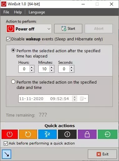 WinExit mangrupikeun alat freeware anu tiasa mareuman, ngamimitian deui, hibernasi, ngonci komputer anjeun dina jadwal