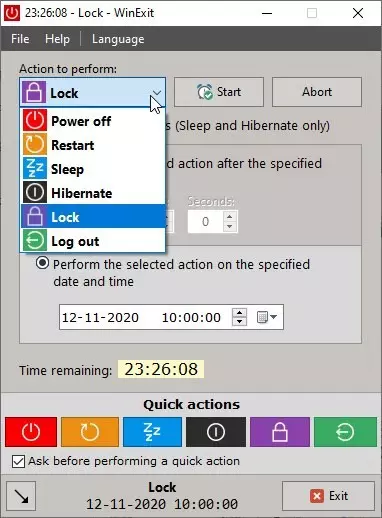 WinExit on ilmainen työkalu, joka voi sammuttaa, käynnistää uudelleen, asettaa lepotilaan ja lukita tietokoneesi aikataulussa 15334_2
