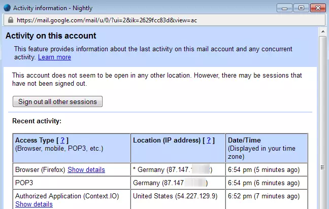gmail tevékenységi információk