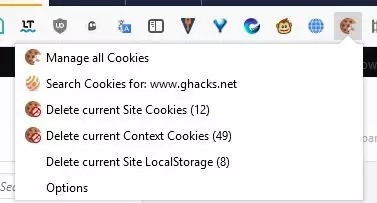 Cookie-ի արագ կառավարչի ընտրացանկ