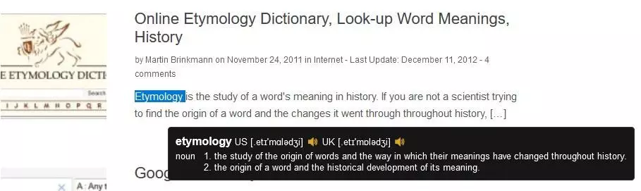 Firefox နှင့် Chrome အတွက် Dictionaries extension ပါသော ပေါ့ပ်အပ်တစ်ခုတွင် ရွေးချယ်ထားသော စကားလုံး၏ အဓိပ္ပါယ်ကို ရယူပါ။