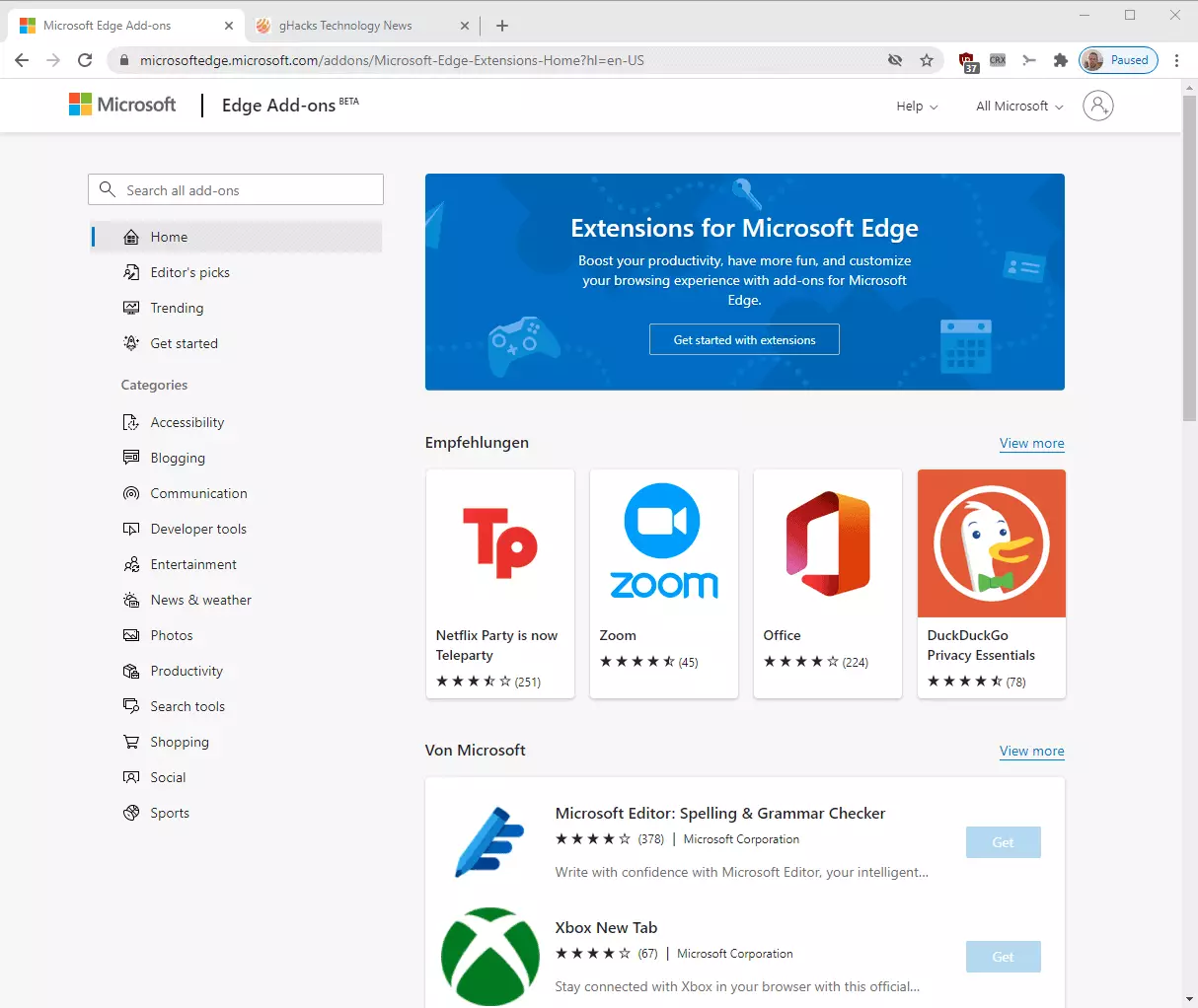 extensions de Microsoft Edge