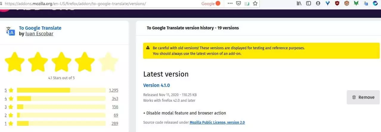 To Google Translate update miceun tombol tulbar ekstensi sareng panel pop-up tina Firefox