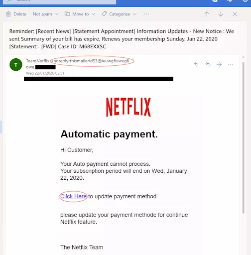 Gmail-phishing-e-mail-eksempel med et link og 'fra'-kontoen er mistænkelig