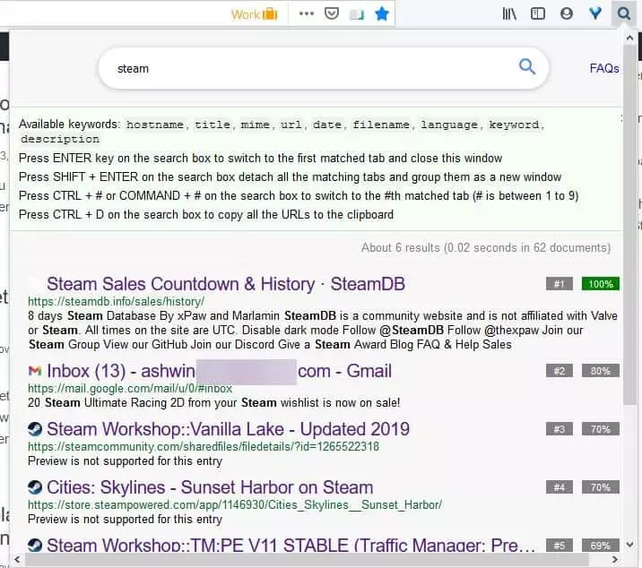 Search All Tabs-uitbreiding vir Firefox en Chrome