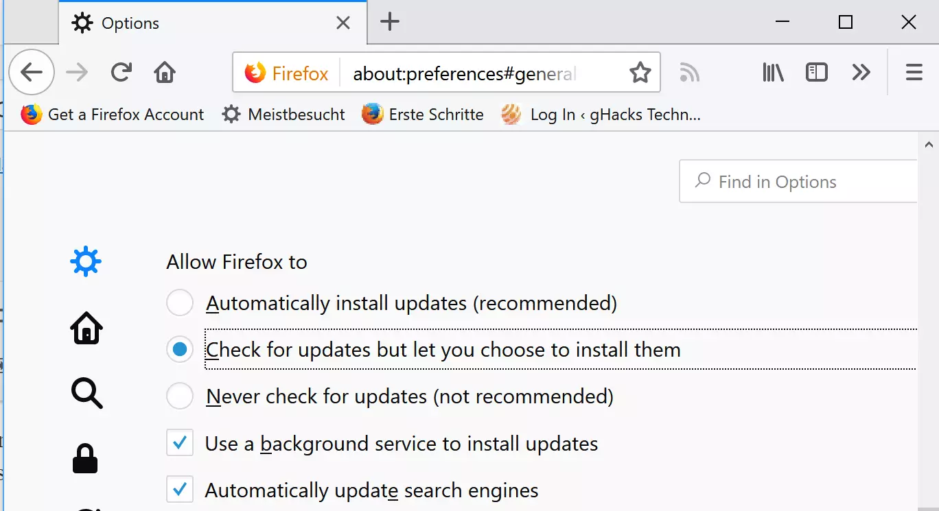 Opsionet e përditësimeve të firefox